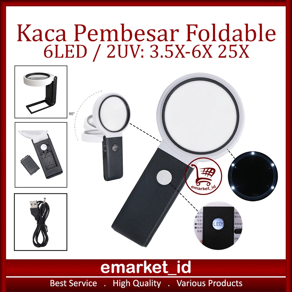 Jual Kaca Pembesar Foldable 6 LED 2 UV 3.5X-6X 25X AG32 / Kain Percetakan Portable Lup Loupe ...