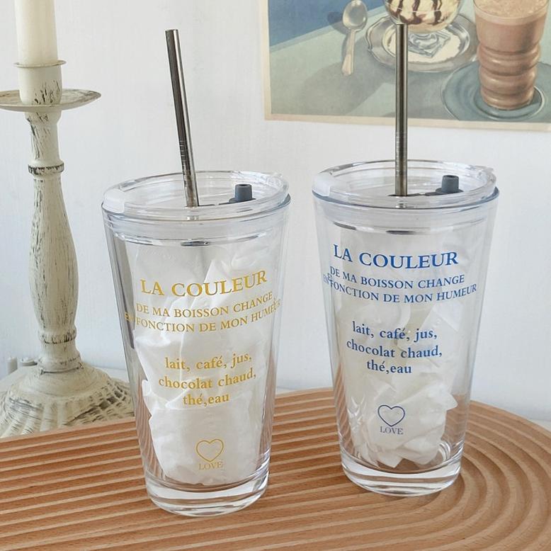 Jual LA COULEUR Typography Text Glass Cup with Lid Transparent / Gelas ...