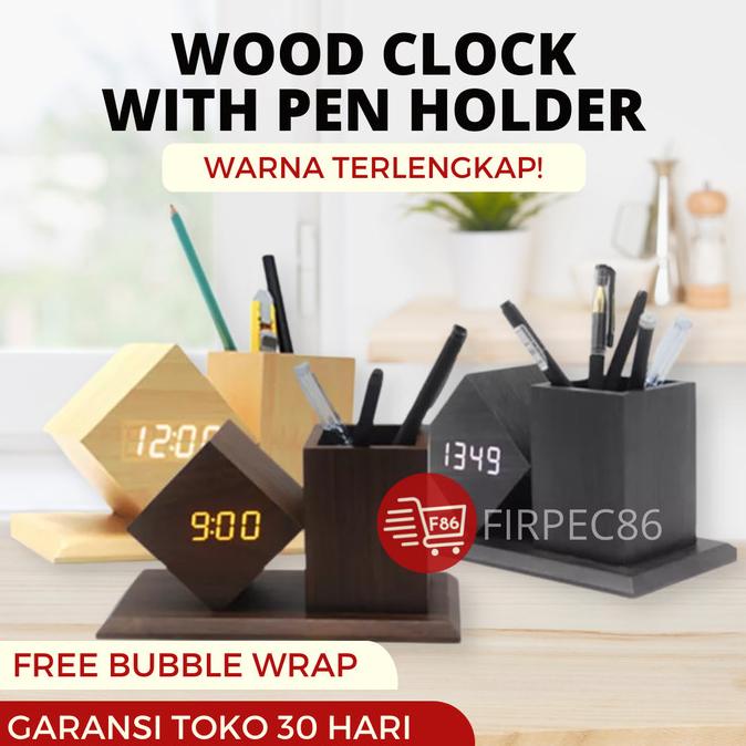 Jual Jam Meja Kayu - Wood Clock Digital LED with pen holder / tempat ...