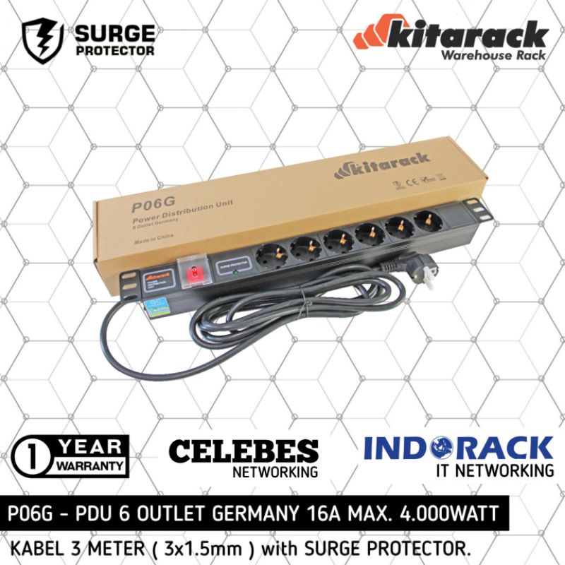 Jual P06G PDU KITARACK 6 Outlet 16A Germany Socket Power Distribution ...