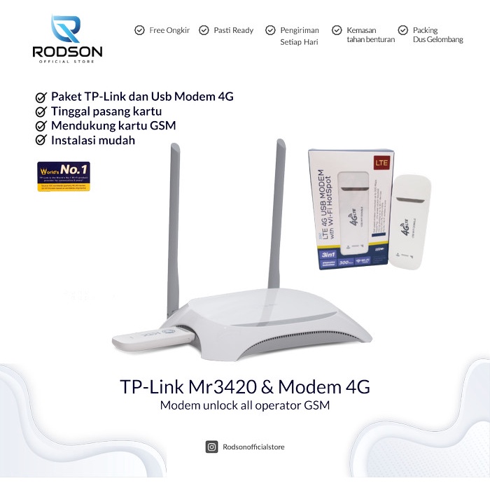 Jual Paket Routet TP LINK MR3420 + USB Modem WIFI 4G LTE Unlock All GSM ...