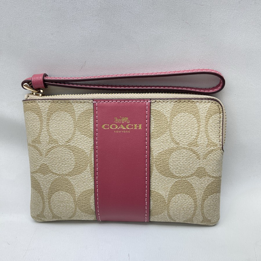 Jual COACH 58035 Signature Corner Zip Light Khaki/Rouge | Shopee Indonesia