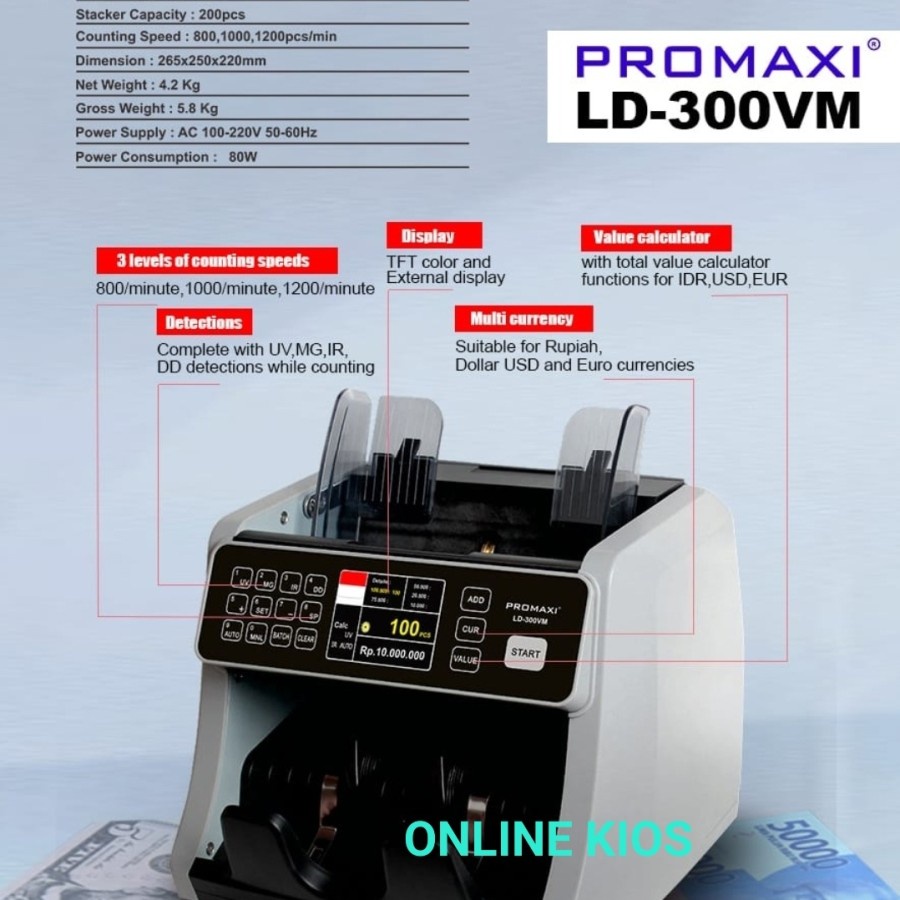 Jual PROMAXI LD-300VM Top Loading Bill Counter Mesin Hitung Penghitung ...