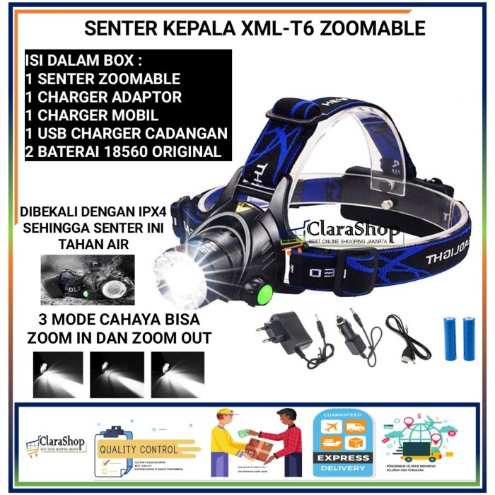Jual Senter Kepala Cas Headlamp Led Cree Xml T6 Zoomable Super Terang Cas | Shopee Indonesia