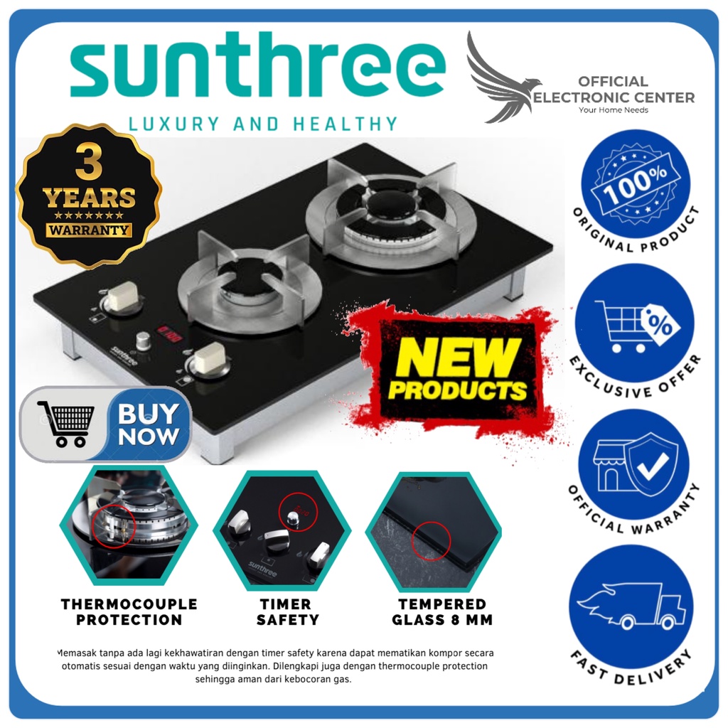 Jual SUNTHREE KOMPOR TANAM GAS 2 TUNGKU GH-2T ST GH2T ST TIMER ...