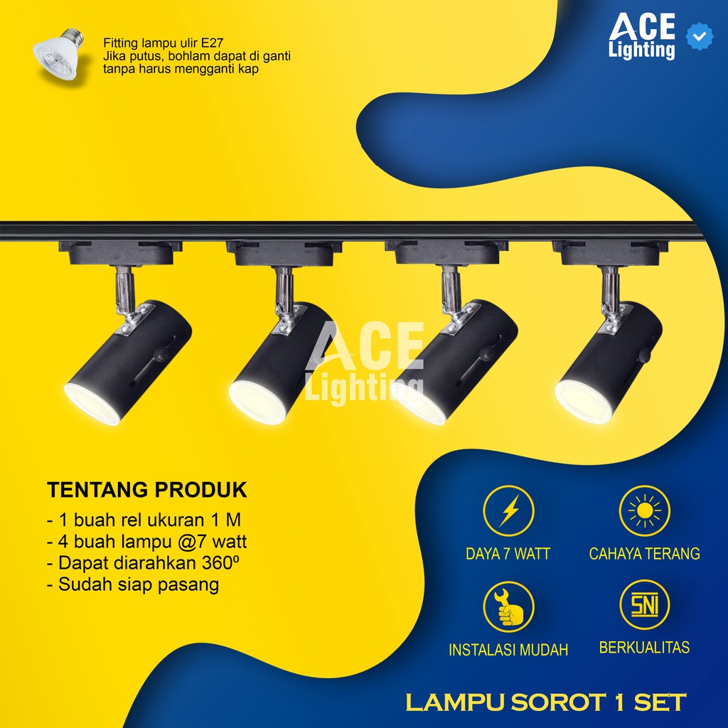 Jual Paket Lampu sorot rel 1 set isi 4 spotlight track light rell E27 7 ...