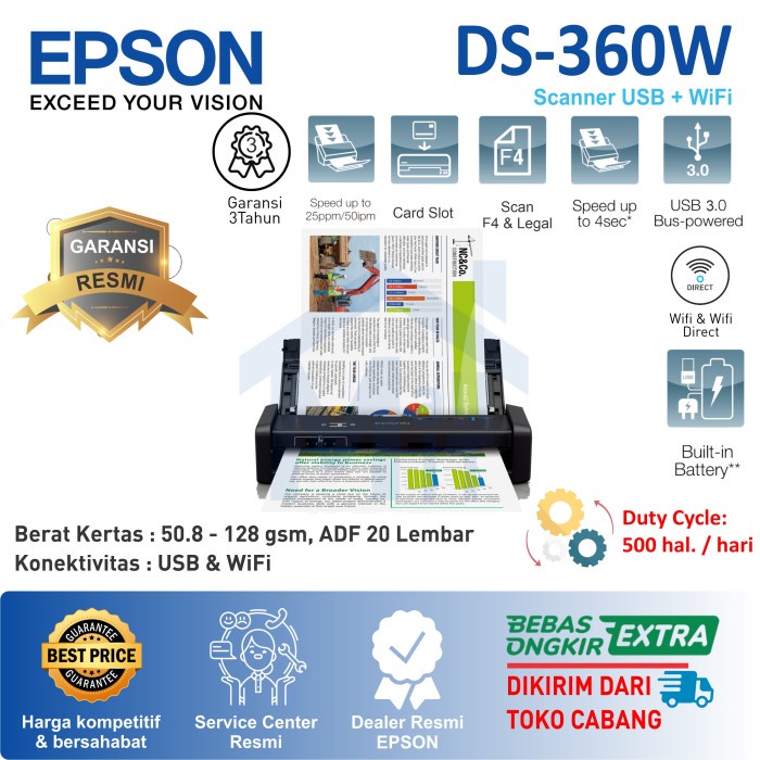 Jual SCANNER EPSON DS-360W DS360W PORTABLE 1900gr | Shopee Indonesia