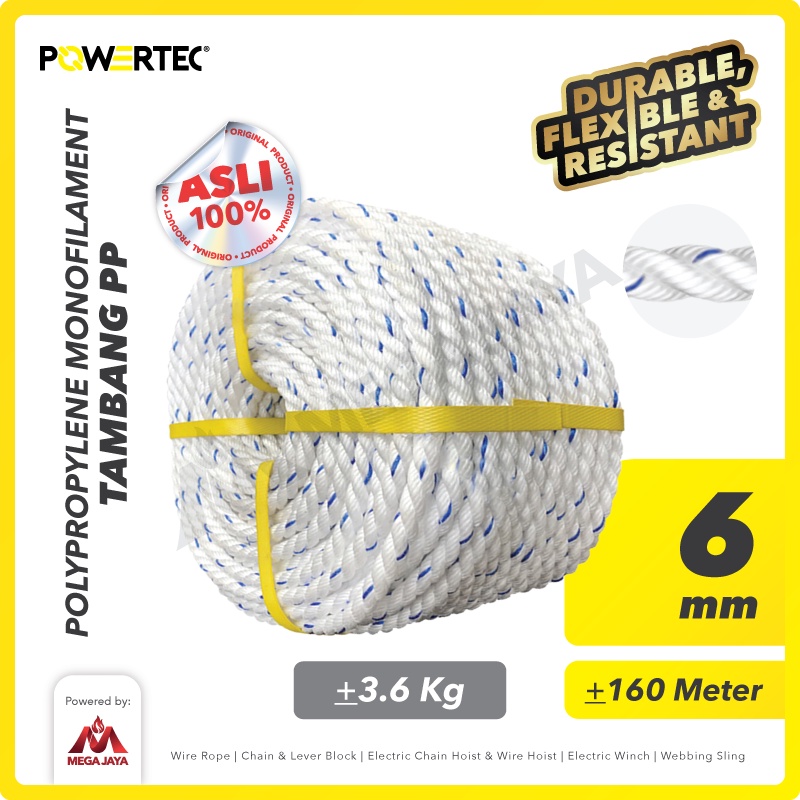 Jual POWERTEC Tali Tambang PP 6mm x 200m Polypropylene PP Mono Rope | Shopee Indonesia