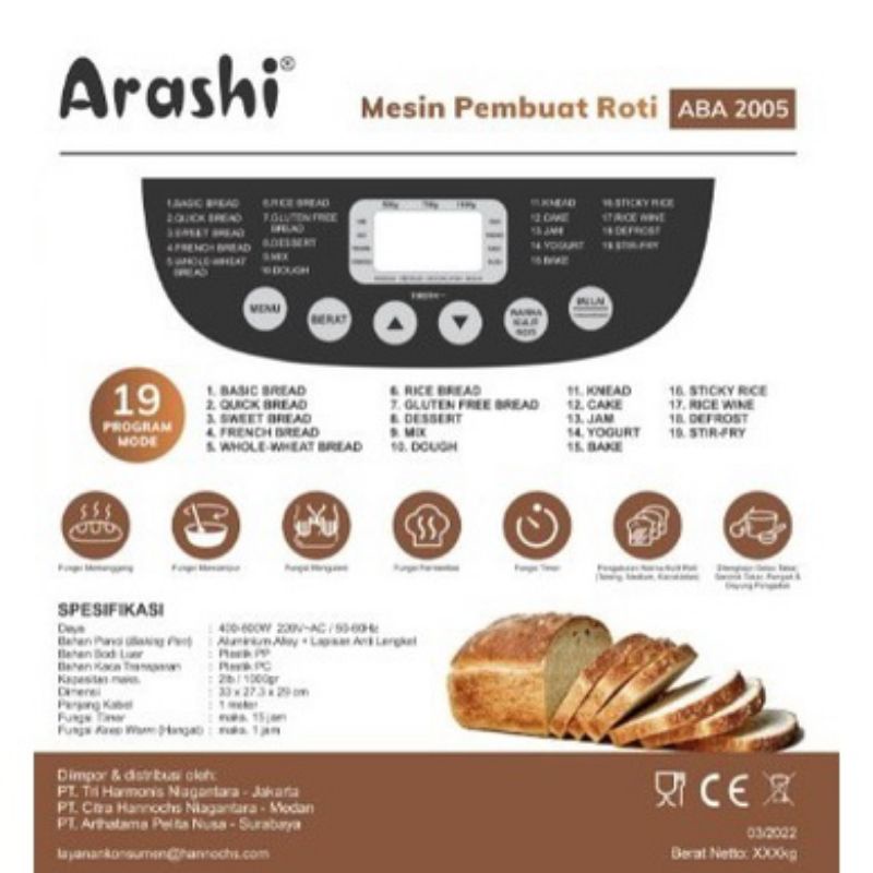 Jual Arashi Digital Bread Maker ABA 2005/Mesin pembuat Roti Otomatis | Shopee Indonesia