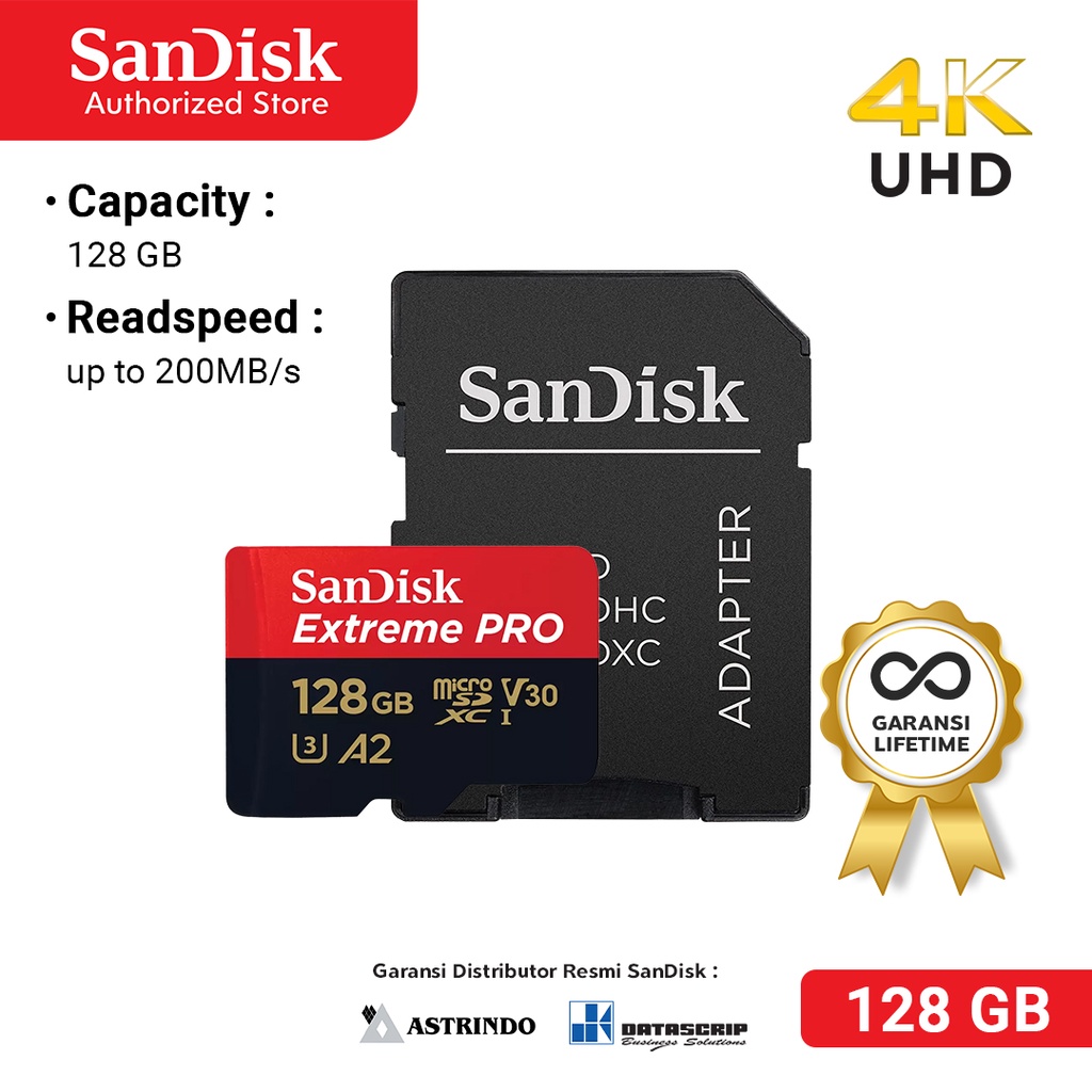 Jual Memory Card | Micro SD 128GB SanDisk Extreme Pro up to 200Mbps U3 A2 V30 - Garansi Resmi ...