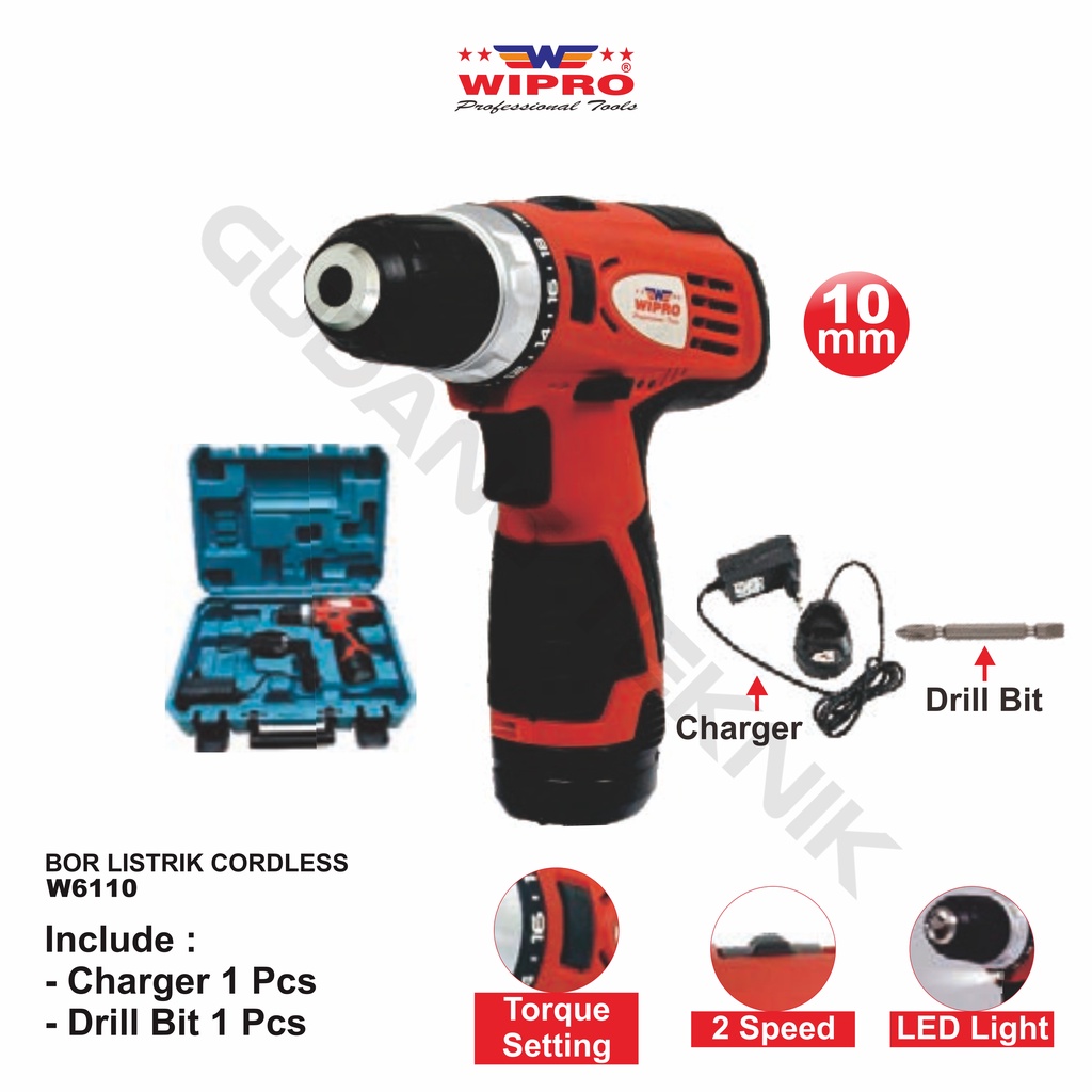 Jual Mesin Bor Tangan CORDLESS 12V 10mm WIPRO W-6110 / Bor BATERAI 10 ...