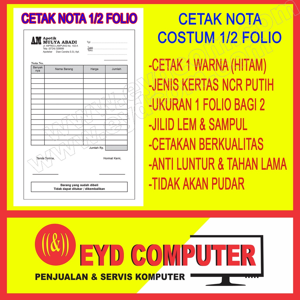 Jual CETAK NOTA 1 PLY 1 FOLIO BAGI 2 KERTAS NCR COSTUM ISI TANPA ...