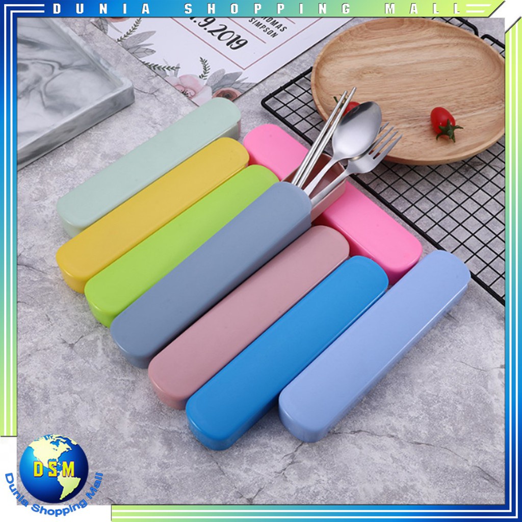 Jual DSM SENDOK SET 3IN1 BESI KOTAK WARNA ALAT MAKAN 3IN1 SENDOK GARPU ...
