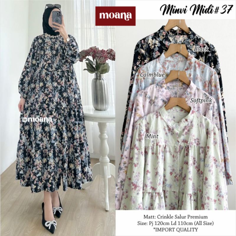 Jual Minvi Midi Dress Korean Look Motif Bunga Gamis Putih Rampel Basic Dress Yura Crinkle ...