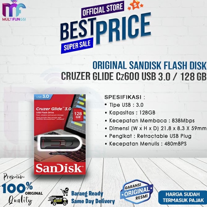 Jual SALE ORIGINAL SANDISK FLASHDISK 128GB CRUZER GLIDE CZ600 USB 3.0 ...