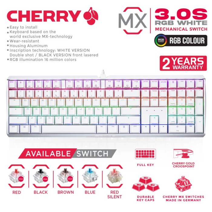 Jual Cherry MX Mechanical Gaming Keyboard White RGB Full Keys - MX 3.0S ...