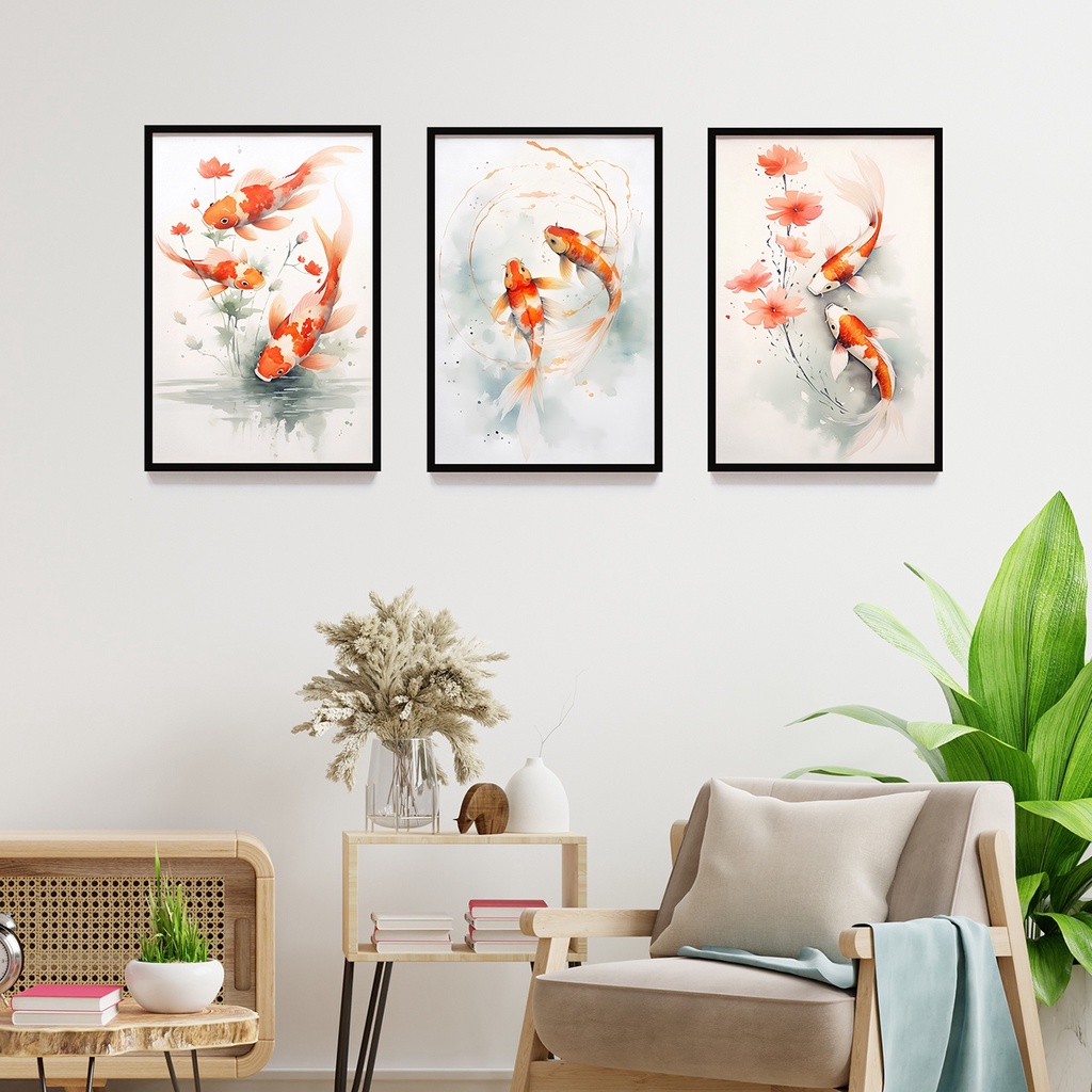 Jual Lukisan Poster Print Ikan Koi frame kayu, dekorasi dinding kamar ...