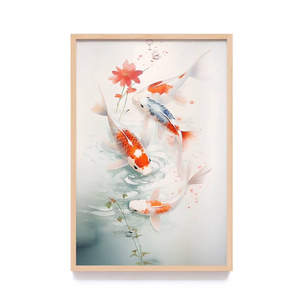 Jual Lukisan Poster Print Ikan Koi frame kayu, dekorasi dinding kamar ...