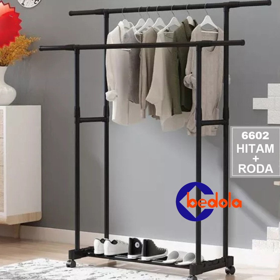 Jual SALE Bedola Stand hanger double rak serbaguna dengan 4 roda 2 sisi ...