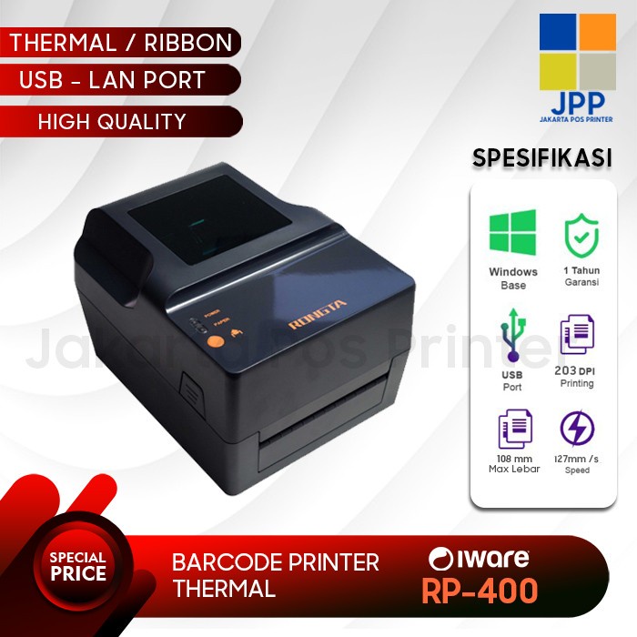 Jual PRINTER BARCODE LABEL RONGTA IWARE RP400H RP-400H RP 400H USB ...