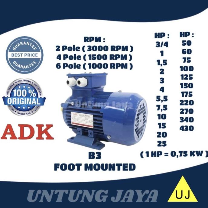 Jual DINAMO ELEKTRO MOTOR ADK 3 PHASE 2 HP 1,5 KW 4 POLE 1500 RPM | Shopee Indonesia
