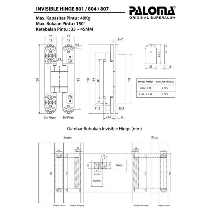 Jual Engsel Concealed Invisible Hinge Tanam Pintu Paloma Ihp 804 D40 ...