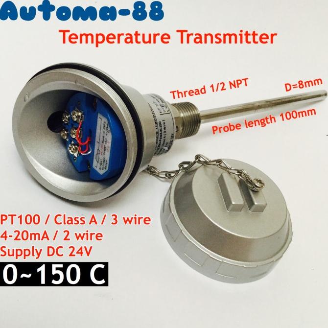 Jual Temperature Sensor 10cm RTD PT100 1/2 NPT + Transmitter 0-150C 4 ...