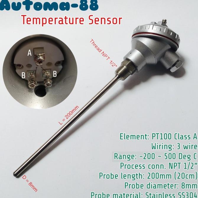 Jual Industrial Temperature Sensor RTD PT100 3 wire NPT 1/2 200mm SS304 8mm | Shopee Indonesia
