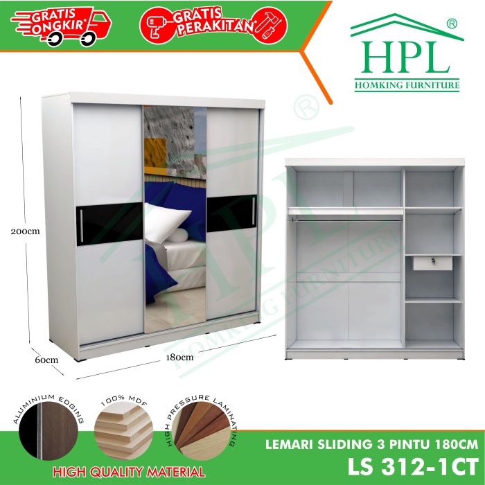 Jual LEMARI PAKAIAN HPL+KACA SLIDING 3 PINTU PUTIH STRIP HITAM ORIGINAL ...