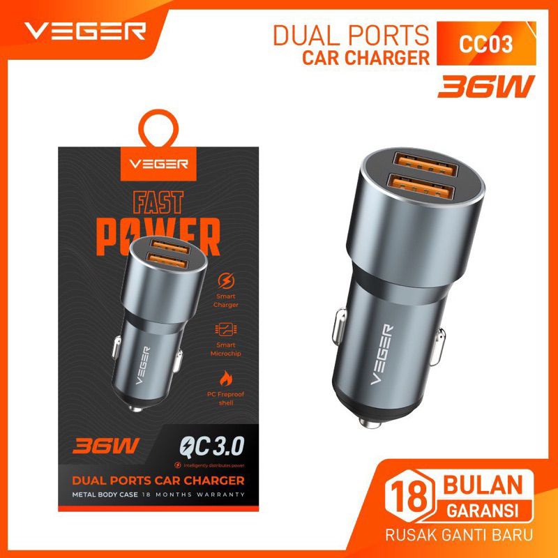 Jual Car Charger/Saver Veger CC03 Dual Output 36W QC 3.0 Fast Charging ...
