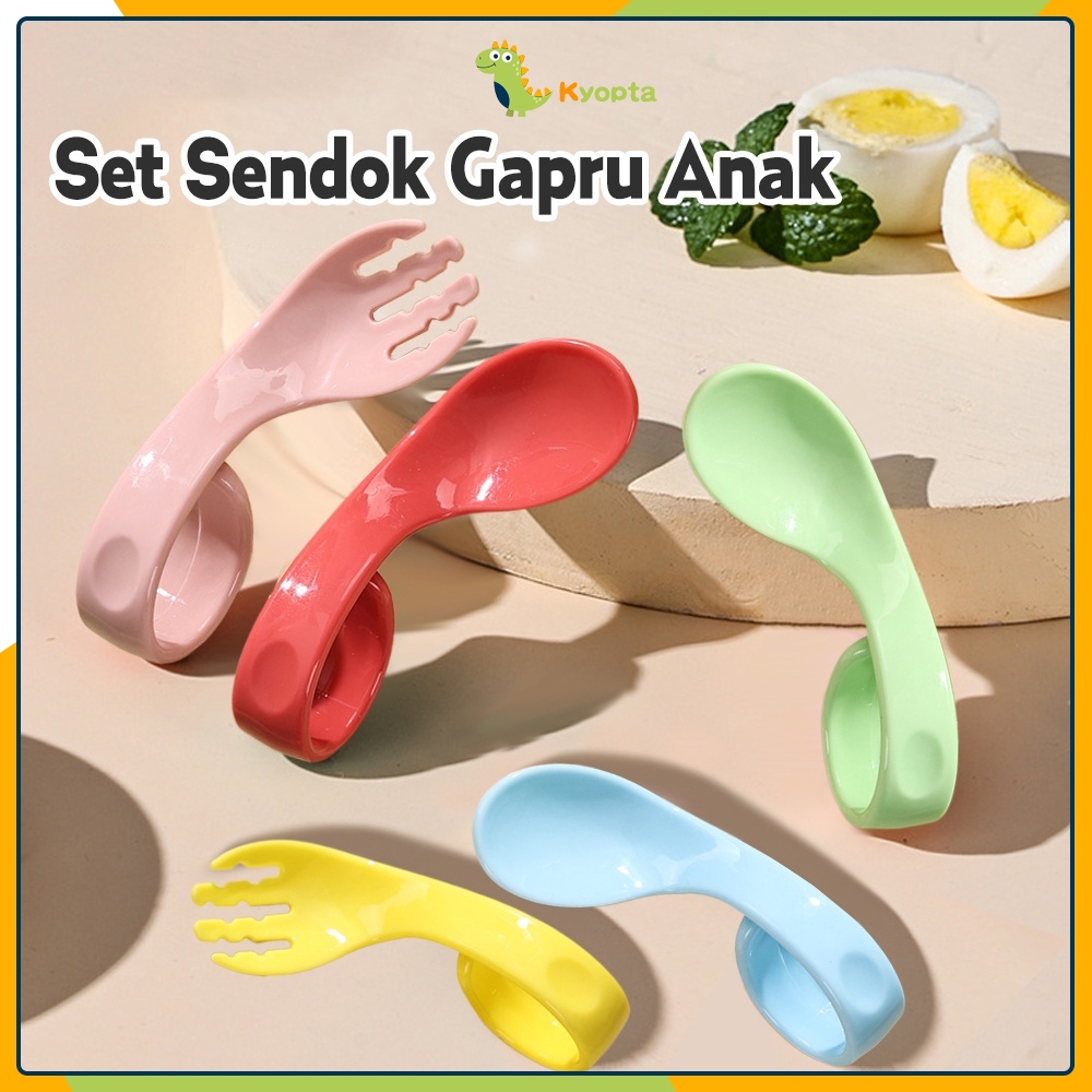 Jual Kyopta Set sendok garpu anak training belajar makan Training Spoon Fork model melengkung ...