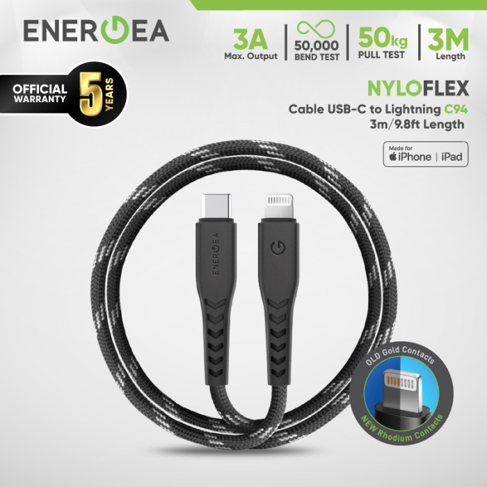 Jual KABEL CHARGER ENERGEA NYLOFLEX USB-C TO LIGHTNING 3A MFI C94 3M ...