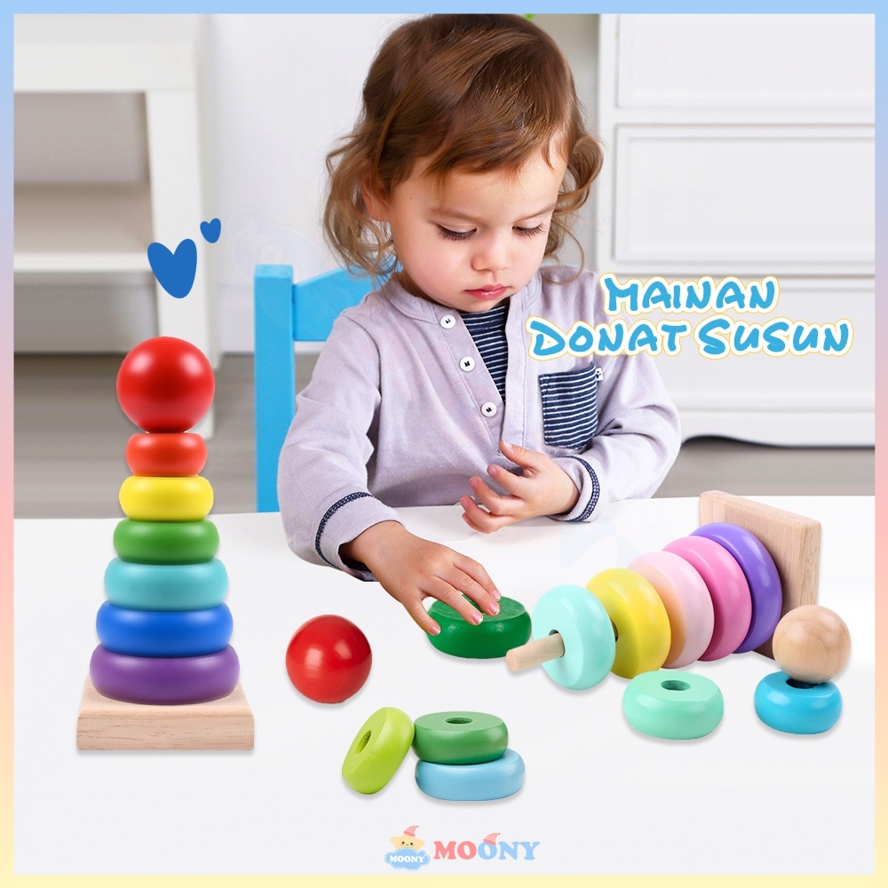 Jual Moony Mainan Balok susun anak Rainbow tower toys Balok susun kayu ...