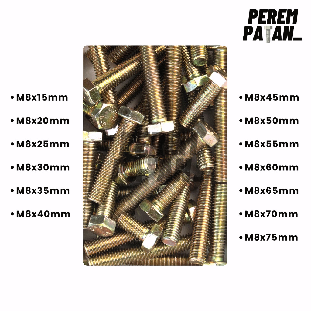 Jual Baut Dan Mur Besi M8 Kuning Kunci 12 Drat Pitch 1.25 -Baut Siku-Baut Hexagonal | Shopee ...