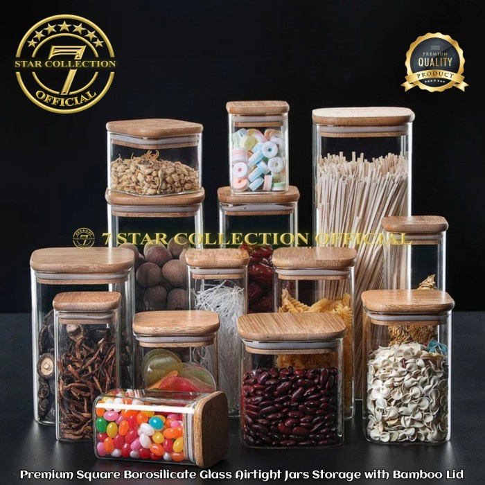 Jual PREMIUM SQUARE BOROSILICATE GLASS AIRTIGHT JARS STORAGE W/ BAMBOO ...