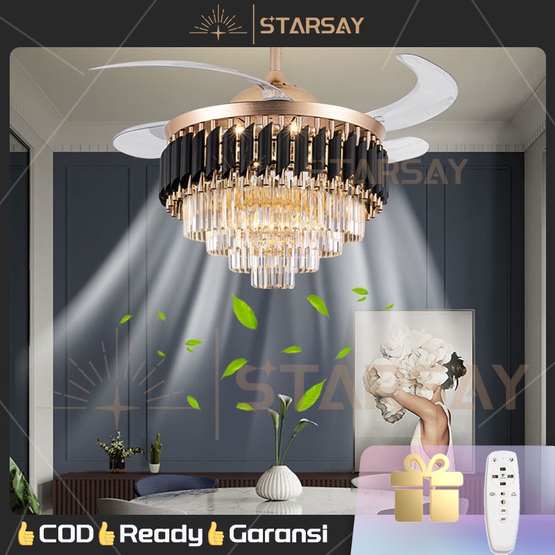 Jual 100% kristal Kipas Lampu Gantung 50cm Kristal Remote Chandelier ...