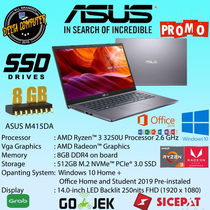Jual ASUS VIVOBOOK M415DA RYZEN 3-3250U RAM 8GB SSD 512GB 14"FHD WIN 10 ...