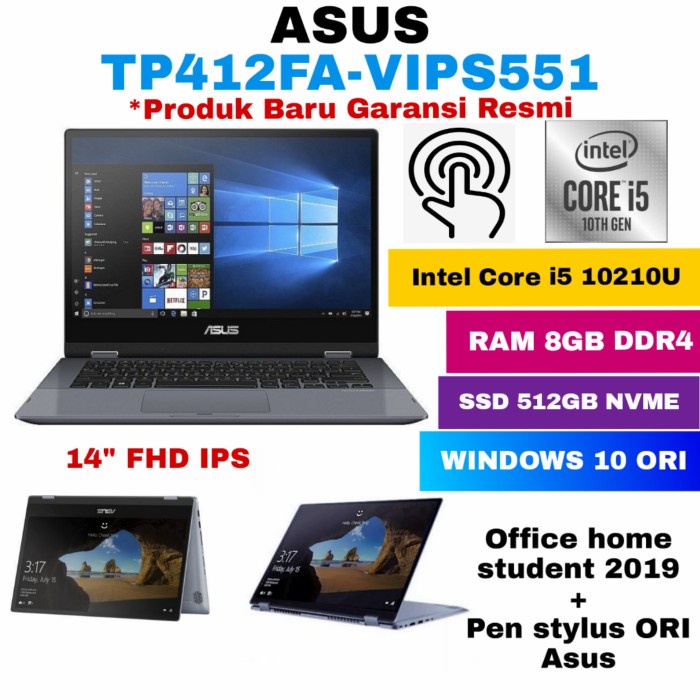Jual Laptop Asus TP412FA i5 10210U 8GB 512GB SSD 14" Touch WIND10+OHS19 ...