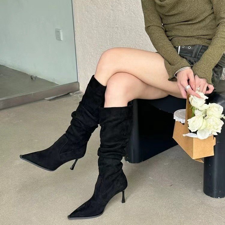 Jual Retro Pile Style Boots Women's High Heel Pointed Toe Long Boots ...