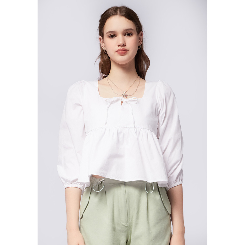 Jual COLORBOX Tie Front Peplum Top Off White | Shopee Indonesia
