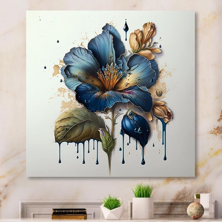 Jual Lukisan Bunga Mawar Mekar Biru Teksture Tebal Modern art Estetik ...