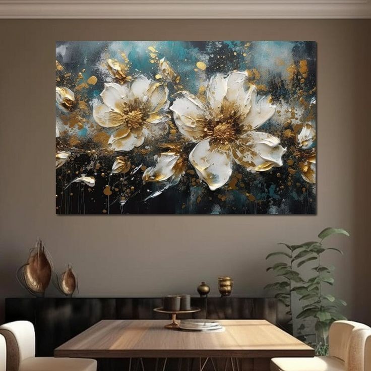 Jual Lukisan Bunga Mawar Estetik Background Biru Gold Teksture Modern ...