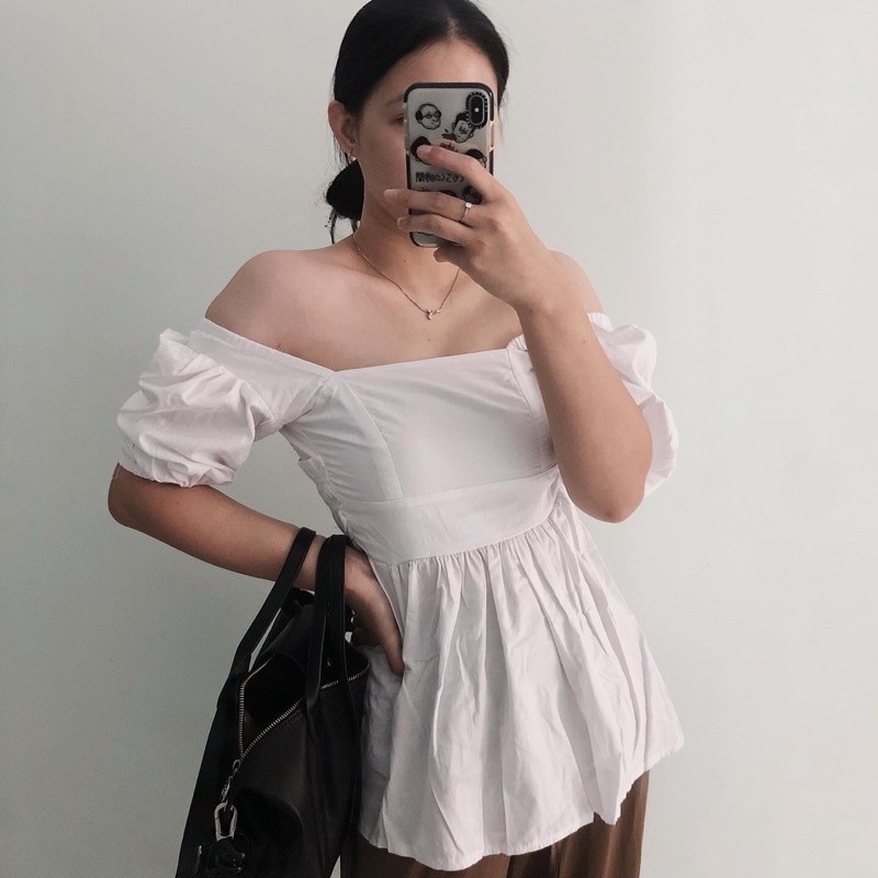 Jual Abby Puff Sleeve Top, Two Ways Sabrina, Korean Shirt, Pakaian ...