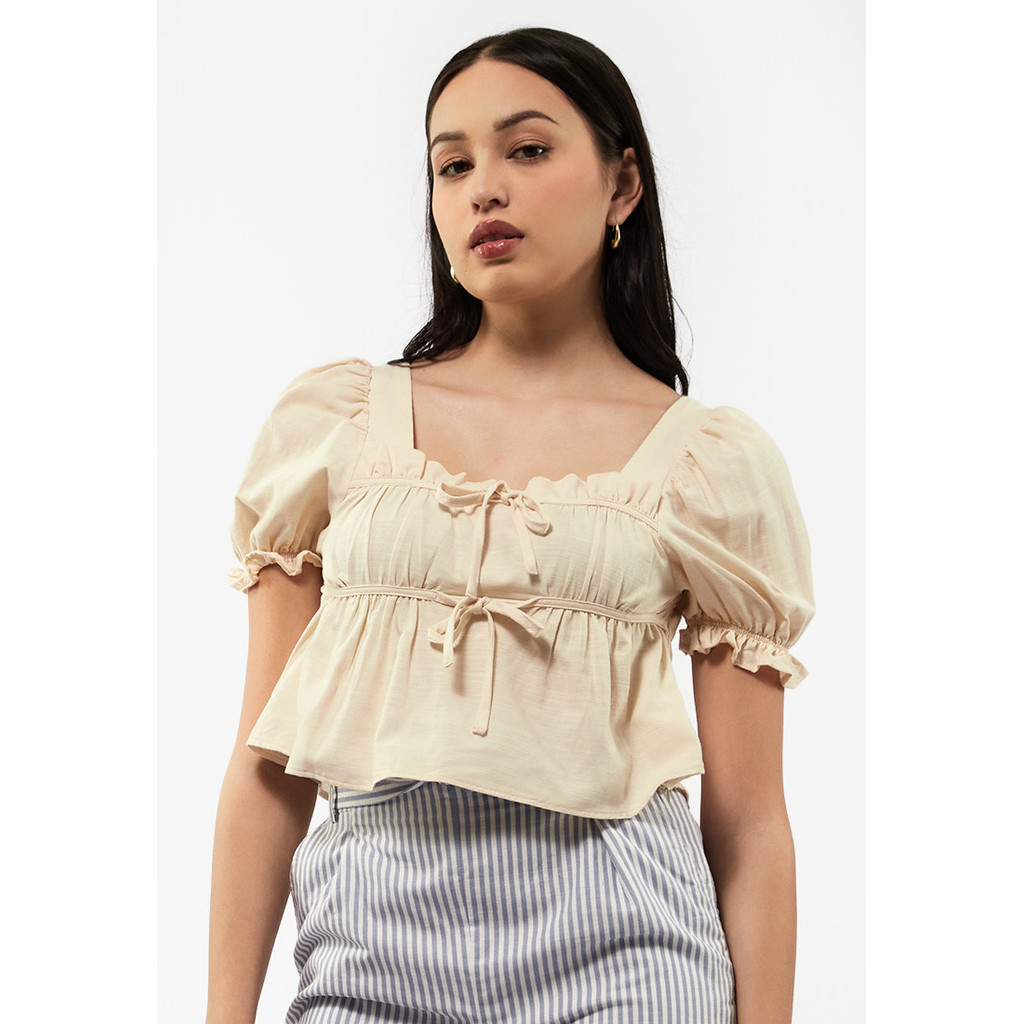 Jual COLORBOX Square Neck Puff Sleeves Top Ecru | Shopee Indonesia
