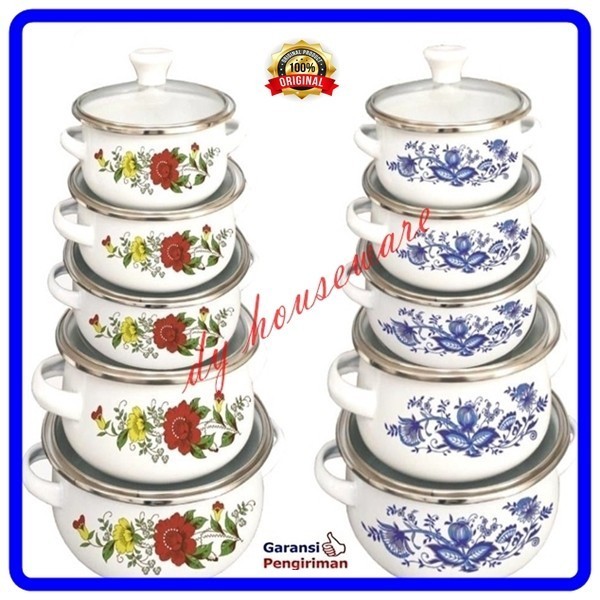 Jual Panci Set Enamel 5 Susun Tutup Kaca / Panci 5 Set Motif Bunga 16 ...