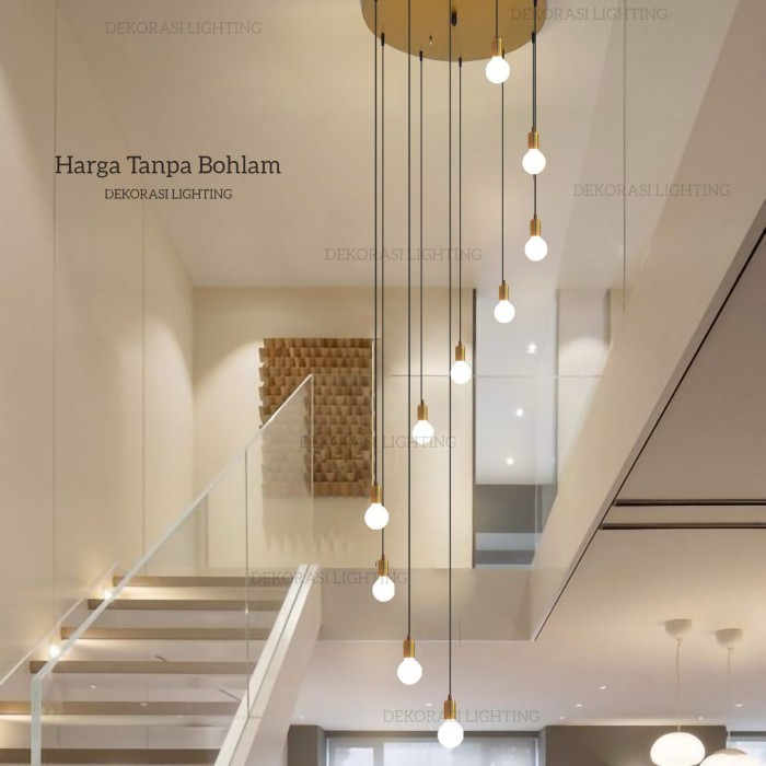 Jual Lampu gantung void tangga 10lampu fiting e27 body gold minimalis 10in1 | Shopee Indonesia