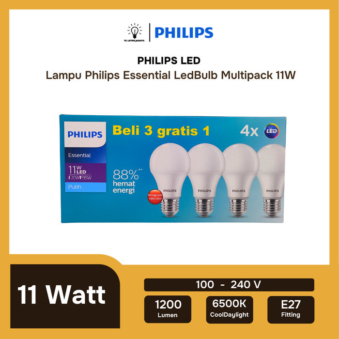 Jual Lampu Philips Essential LEDBulb PACK 11W E27 6500K 230V A60 (Putih ...