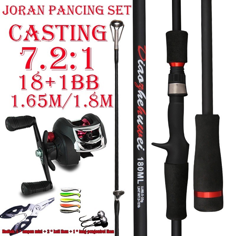 Jual [Bahan halus dan Nyaman] joran casting Pancing Full Set 1.65m/1.8M 18+1BB 7.2:1 Joran BC ...
