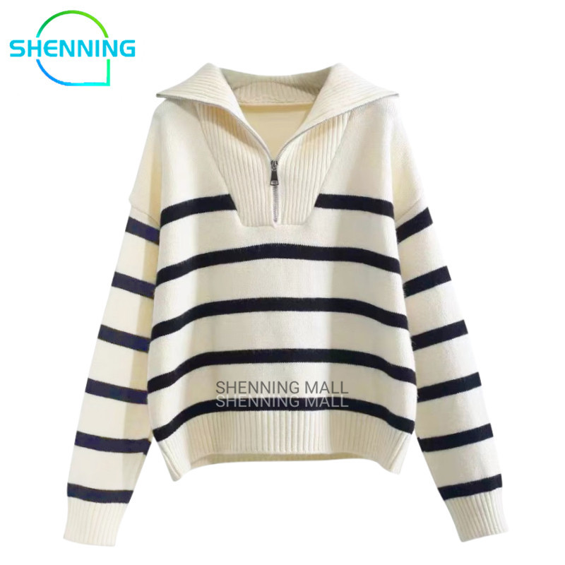 Jual SHENNING Sweater Stripes Baggy Fit Sweater Polo Rajut Wol Sweater ...