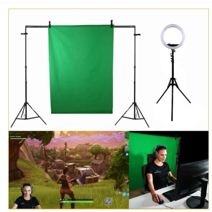 Jual Background Stand Green Screen With Ring Light 26Cm Gaming Pjj ...
